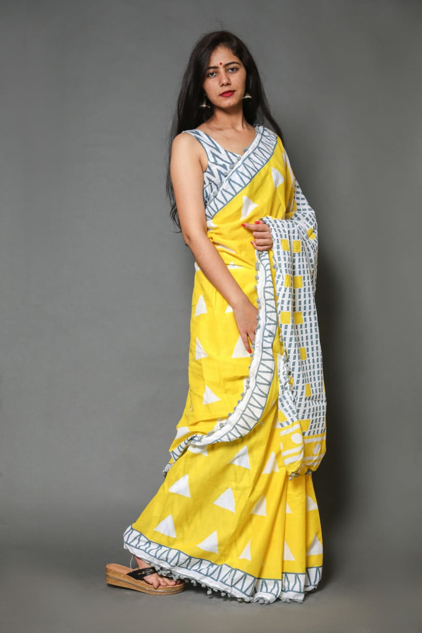 Nikhilam Jaipuri Handblock Printed Cotton Mulmul Saree With Blouse